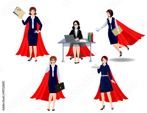 Cartoon female superheroes set. Office worker in the cloak of a ...