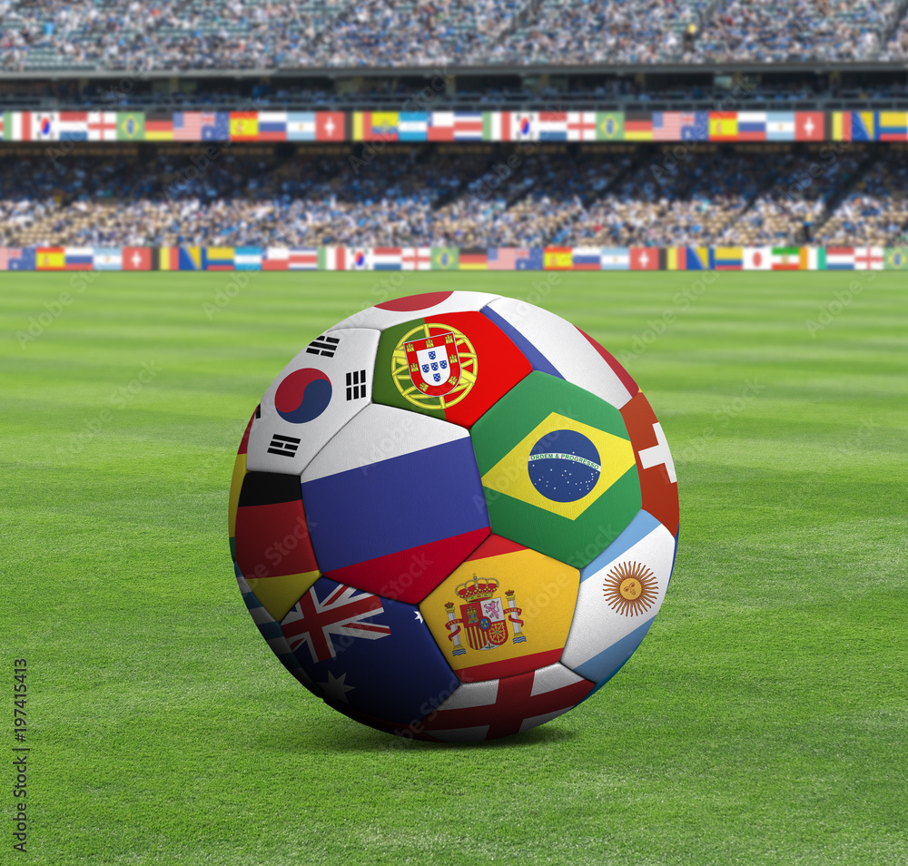 Soccer ball with world countries flags white stadium Stock Photo ...