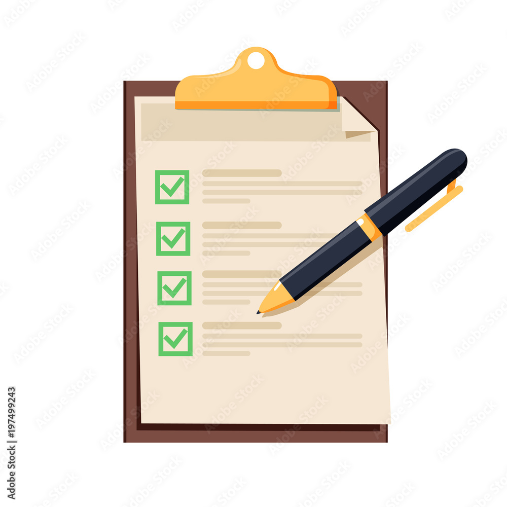 Checklist icon. Document with green ticks checkmarks. Checklist and pen ...