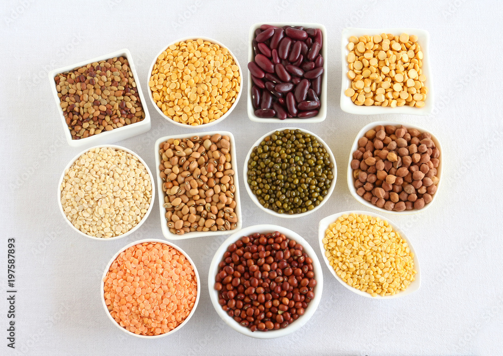 Lentils and legumes, different types, including toor, masoor, dal ...