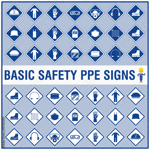 Set of safety signs and symbols for warning and remind all workers to ...