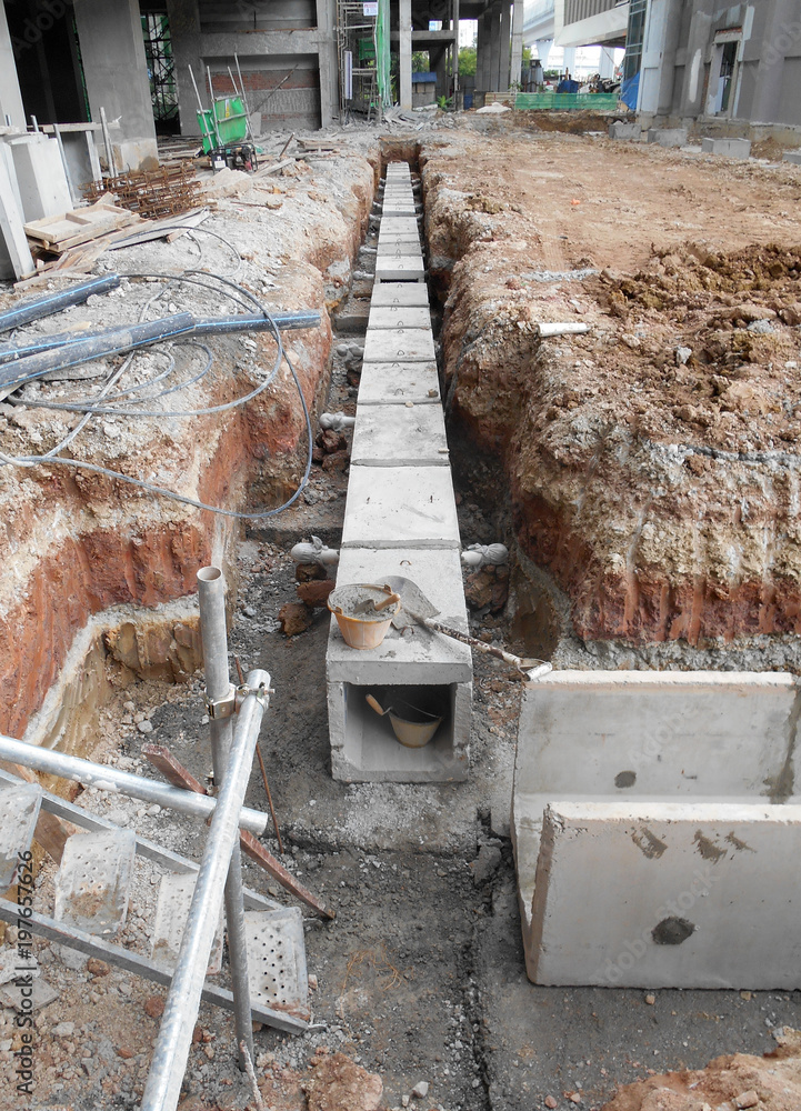 Precast concrete box culvert drain lay at the construction site. it is ...