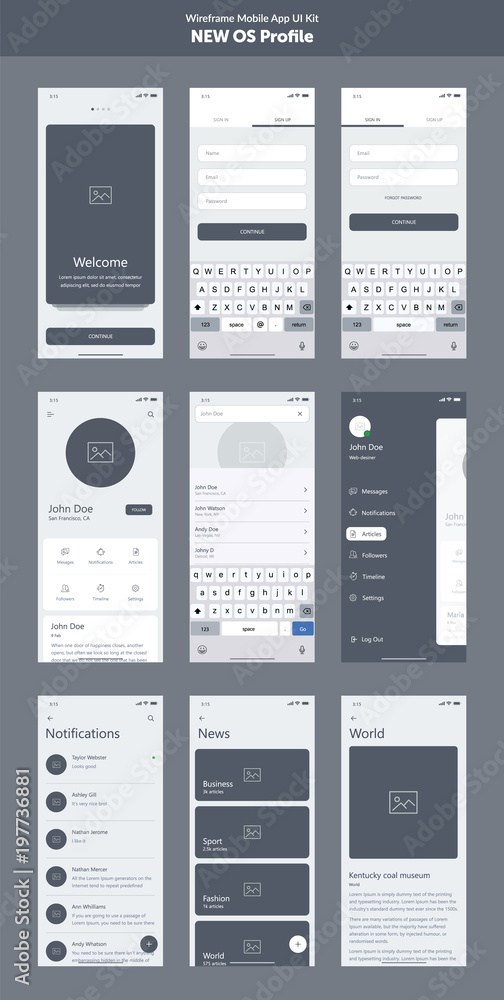 Stock-Vektorgrafik „Wireframe kit for mobile phone. Mobile App UI, UX ...
