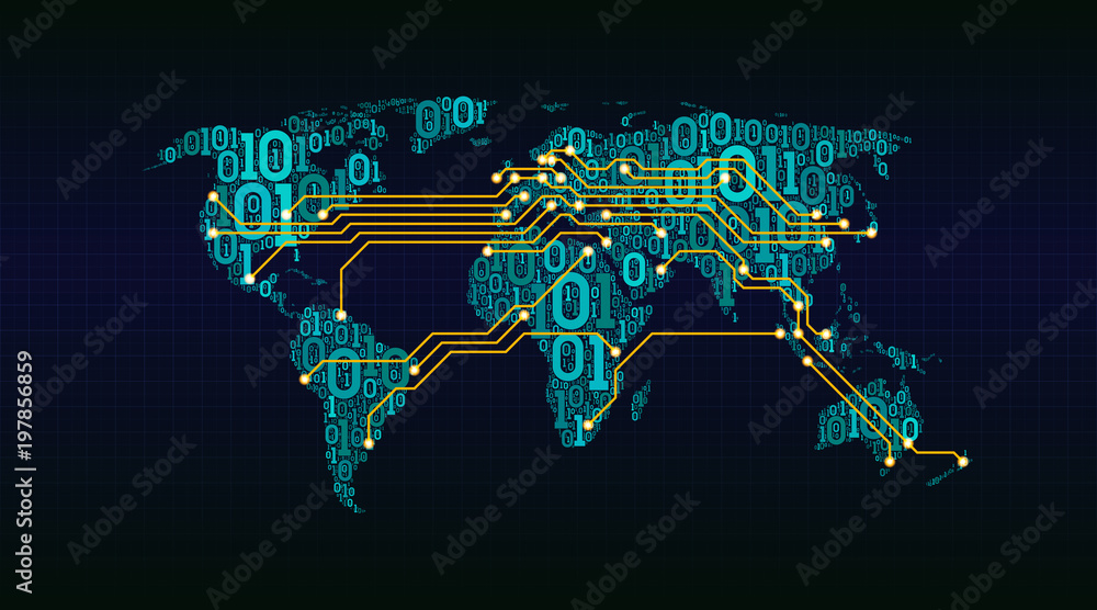 Abstract world map from a digital binary code on a grid background ...