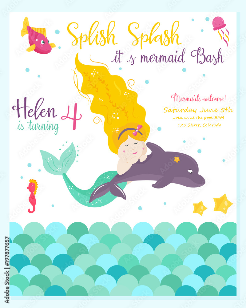 Bright invitation card with cute fairy mermaid Stock Vector | Adobe Stock