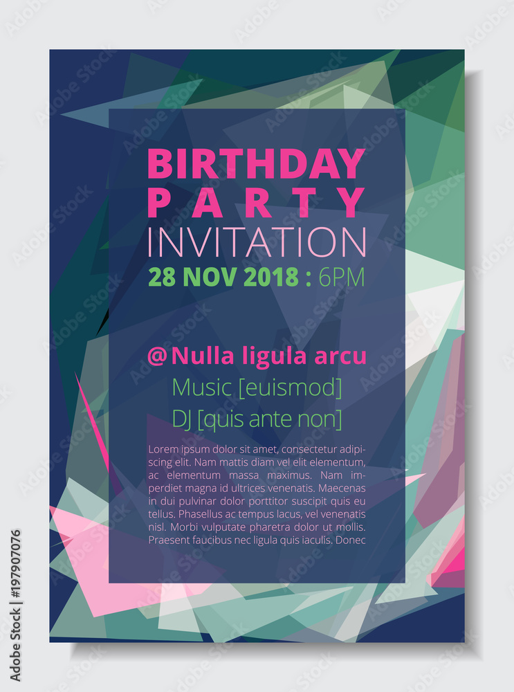 Birthday party invitation card template A4 size, colorful abstract low ...