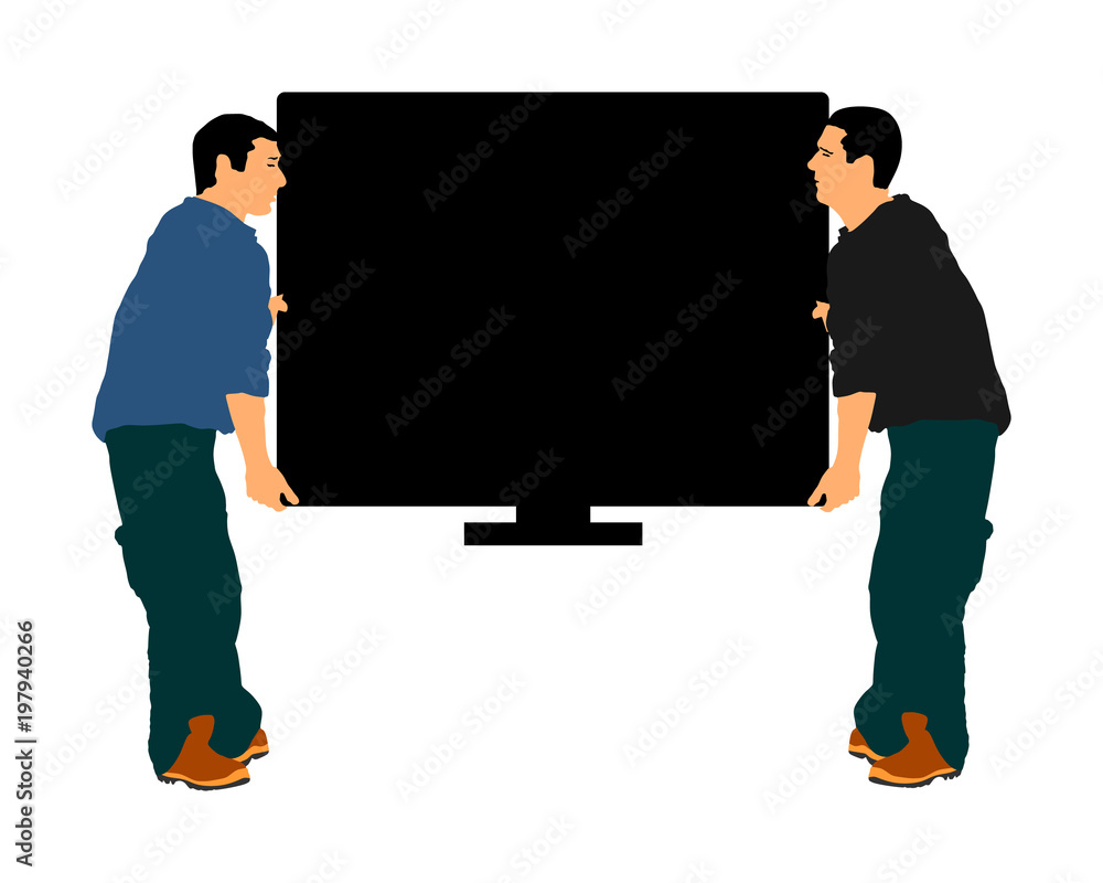 Delivery man carrying plasma tv. Post man with package . Distribution ...