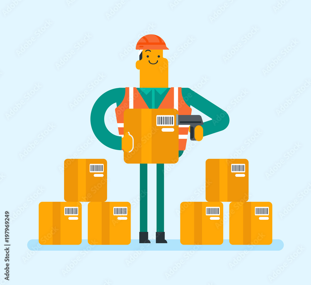 Young caucasian white warehouse worker scanning barcode on box ...