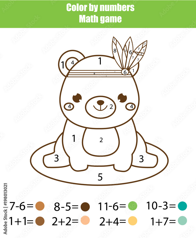 Children educational game. Mathematics actvity. Color by numbers ...