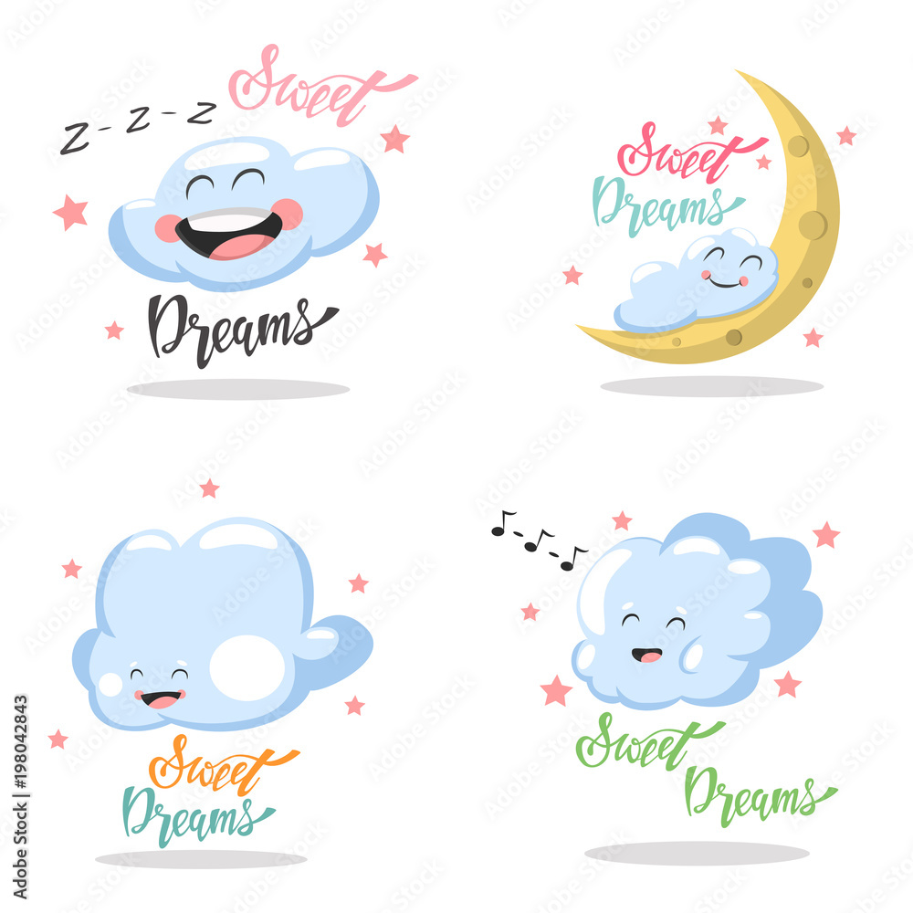 Sweet Dreams hand drawn lettering with cute cartoon clouds with kawaii ...
