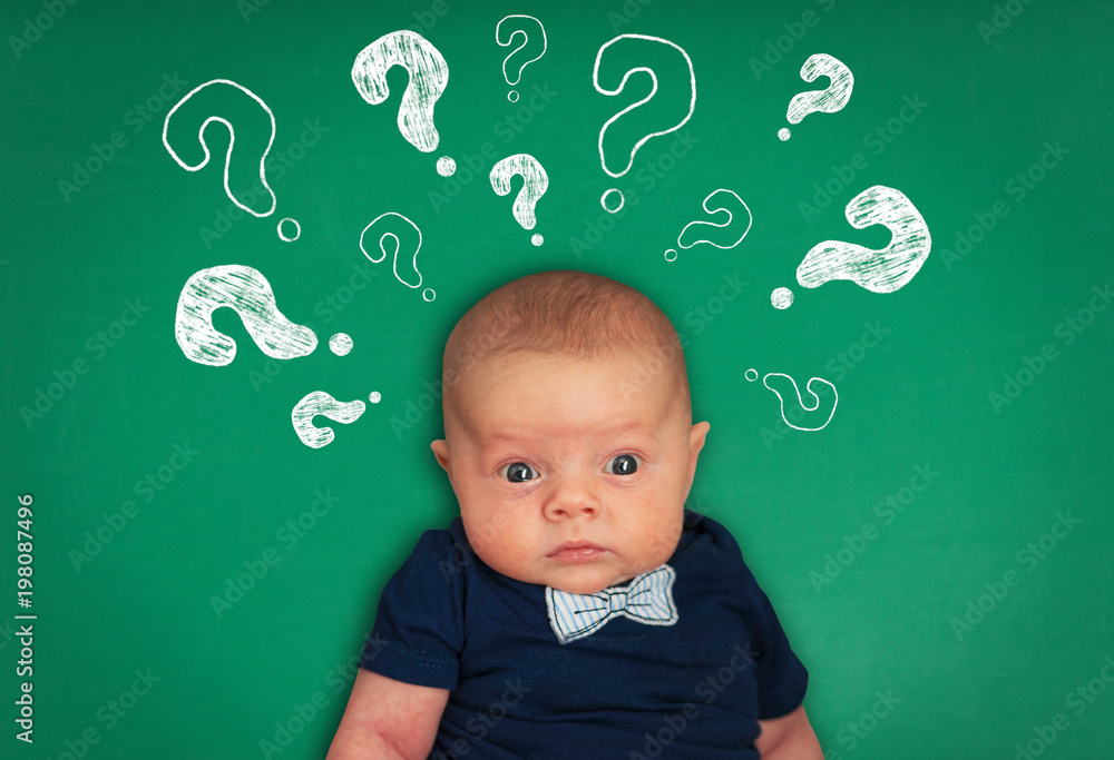 Surprised thinking baby with question marks on background Stock Photo ...