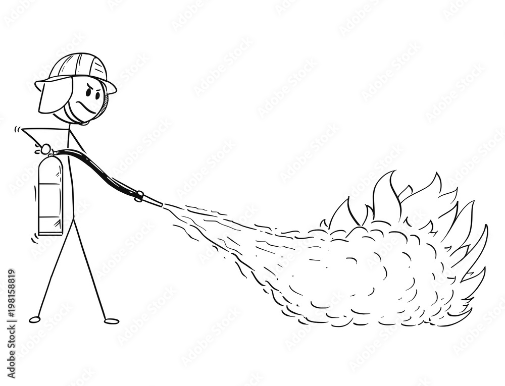 Cartoon stick man drawing illustration of firefighter fighting the fire ...