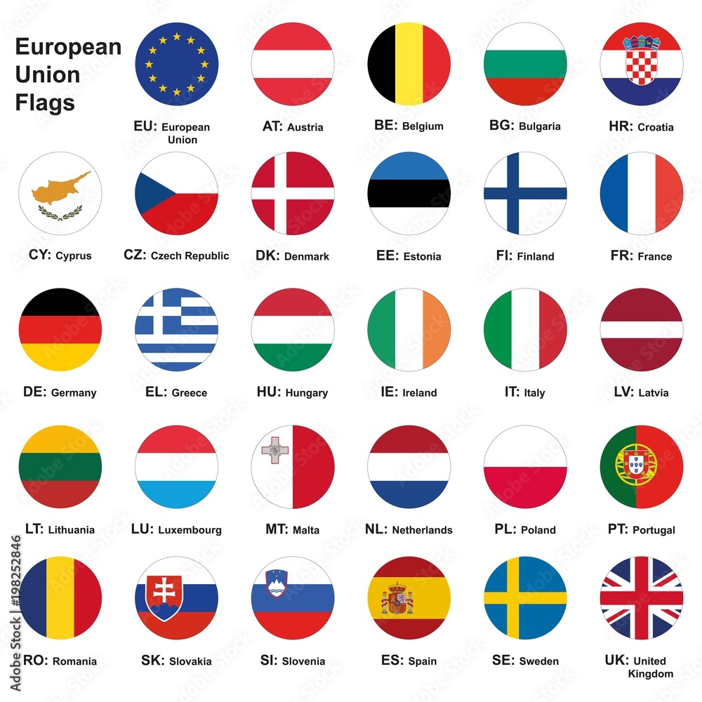 Vector illustration. Set of european union flags with names and Country ...