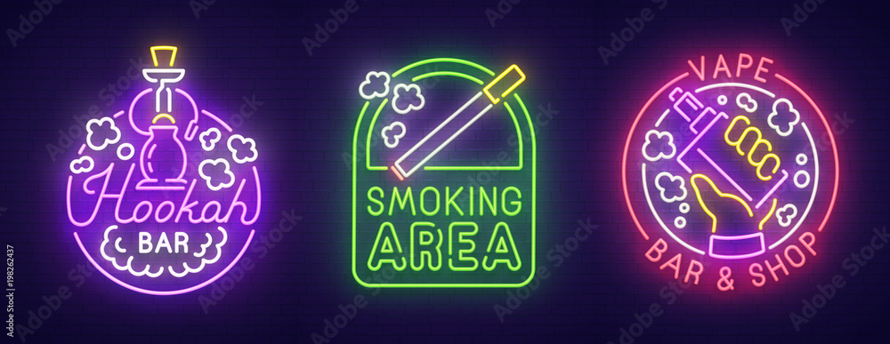 Big set neon sing. Smoke, Vape and Hookah bar . Smoking banner, logo ...