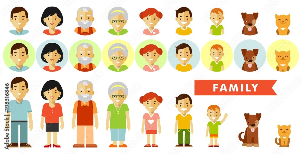 Set of seven family members in flat style. Happy family of seven people ...