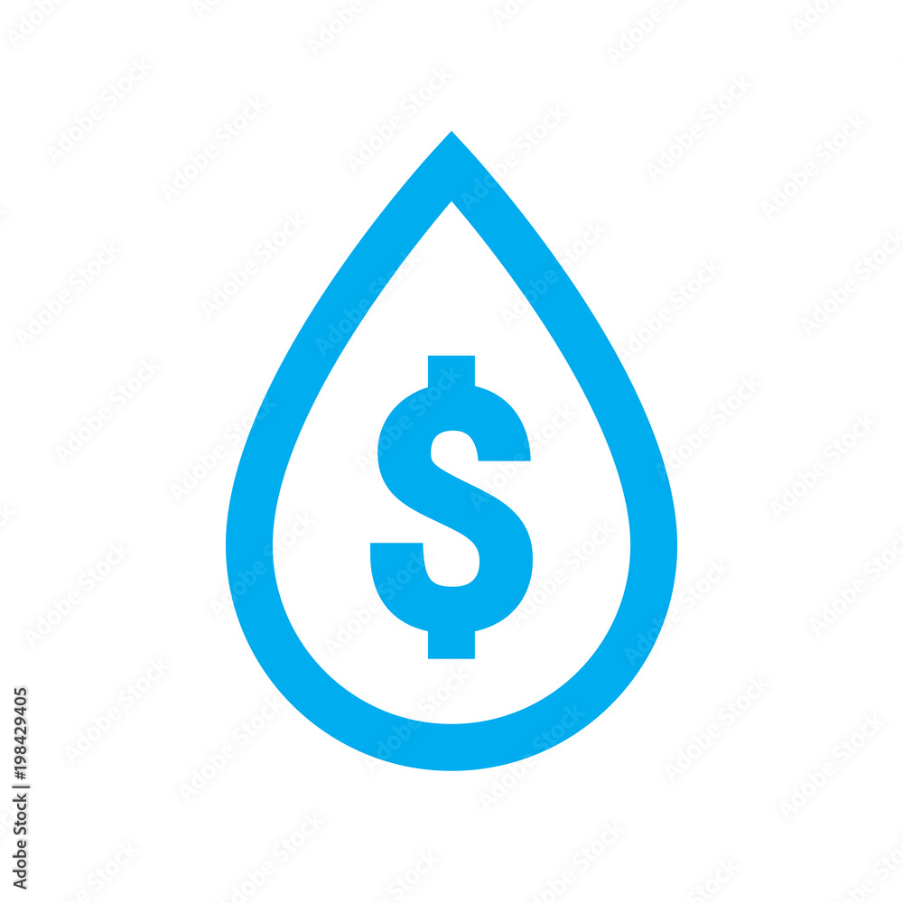 Water cost and save icon. Blue dollar symbol in water drop sign ...