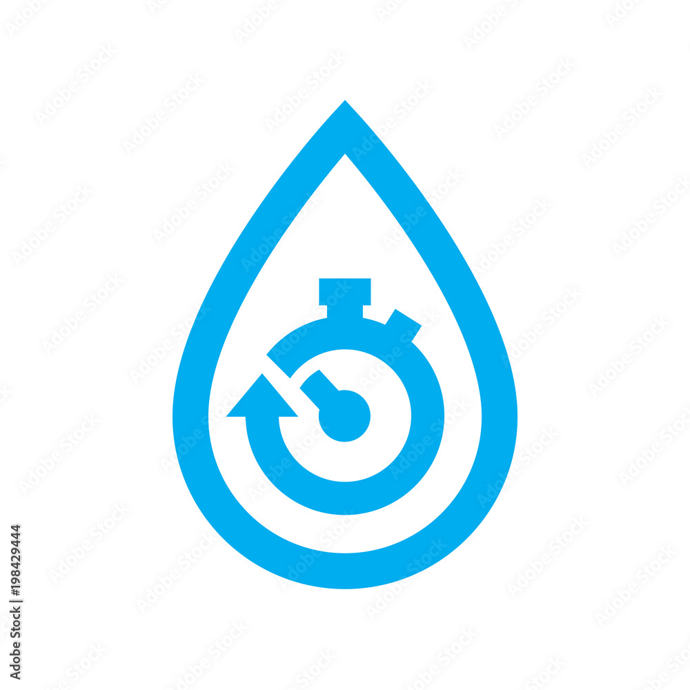 Limit water use icon. Blue stopwatch in water drop symbol isolated on ...