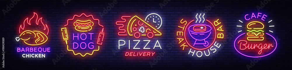 Big collection neon signs on theme food. Vector. Set bright food ...