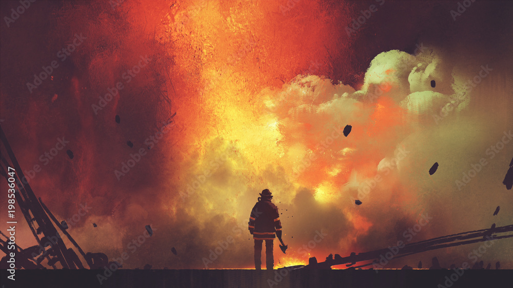 brave firefighter with axe standing in front of frightening explosion ...