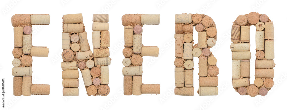 Month January in Spanish Enero made of wine corks Isolated on white ...