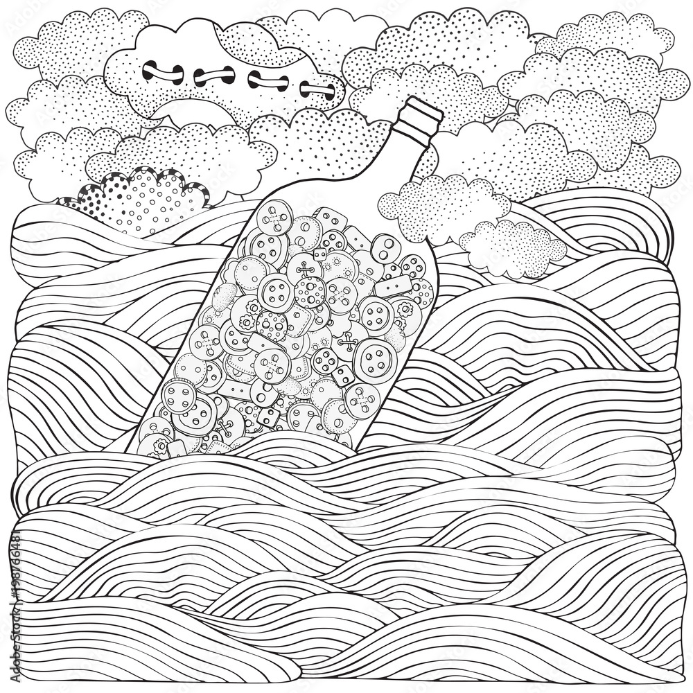 Glass bottle floating on the waves. Seaside, jar, sea, art background ...