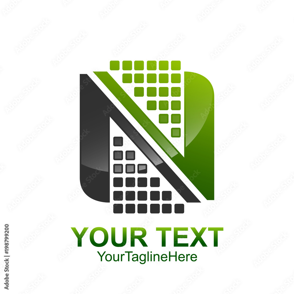 Initial letter N logo template colored dark grey green pixle square ...