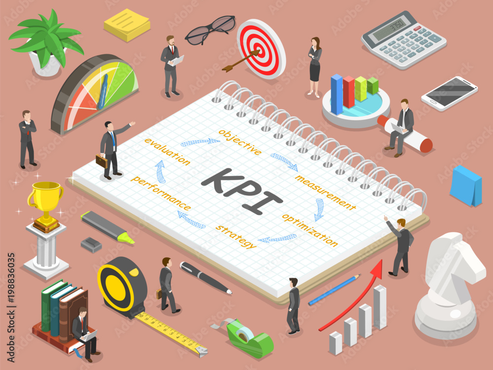 Key performance indicator flat isometric vector concept. Renders major ...