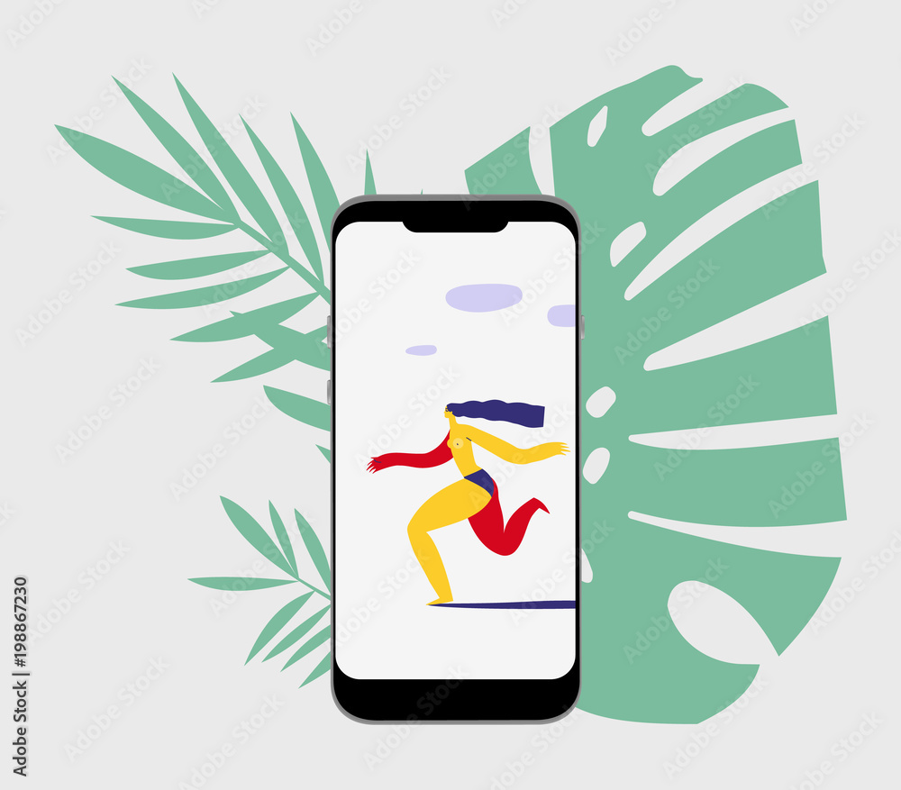 Topless girl running on the beach. Vector illustration in minimalistic ...