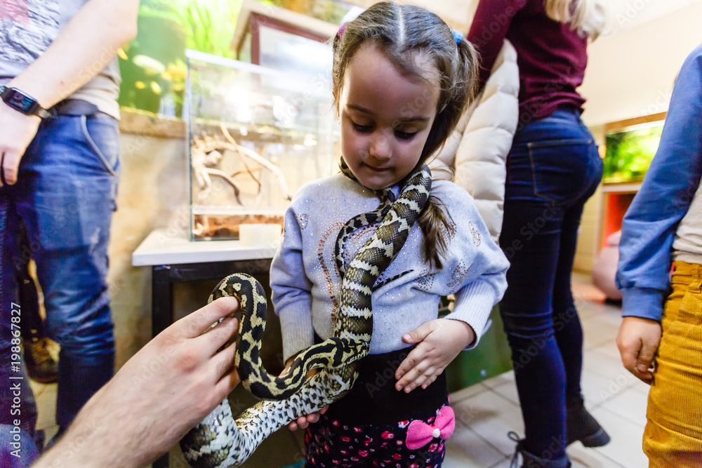Zoo volunteer showing a snake to a child and letting her touch the ...