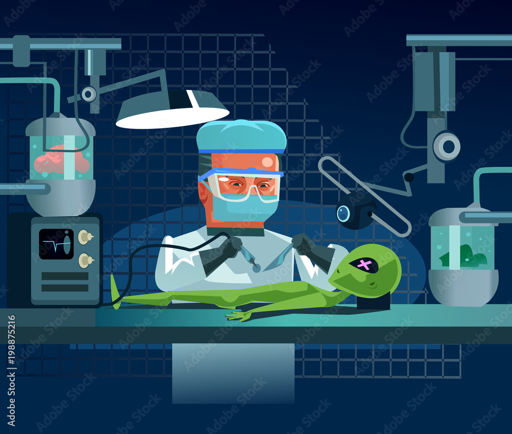 Scientist doctor man character dissects alien UFO lying on table dead ...