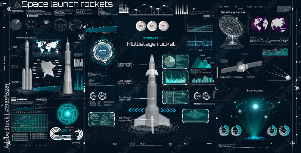 Space set in HUD UI style. Head Up Display. Space launch rockets ...