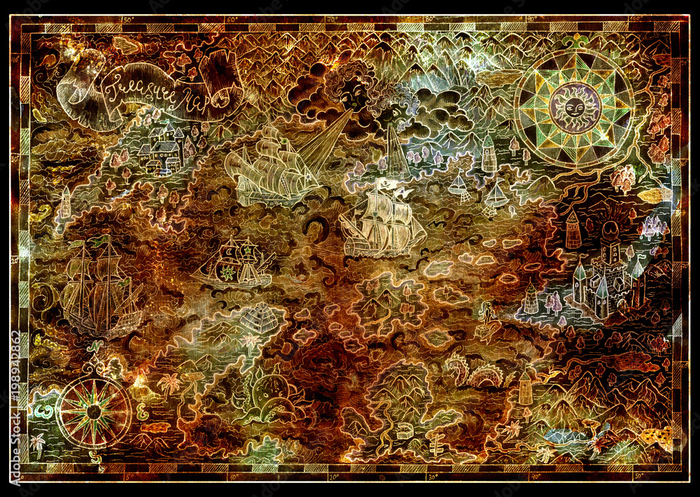 Ancient treasure island map with fantasy land, pirate ships, mythological creatures on texture ...