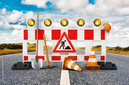 Baustelle, Absperrung, Straßensperrung mit Schaufel, Pickel ...