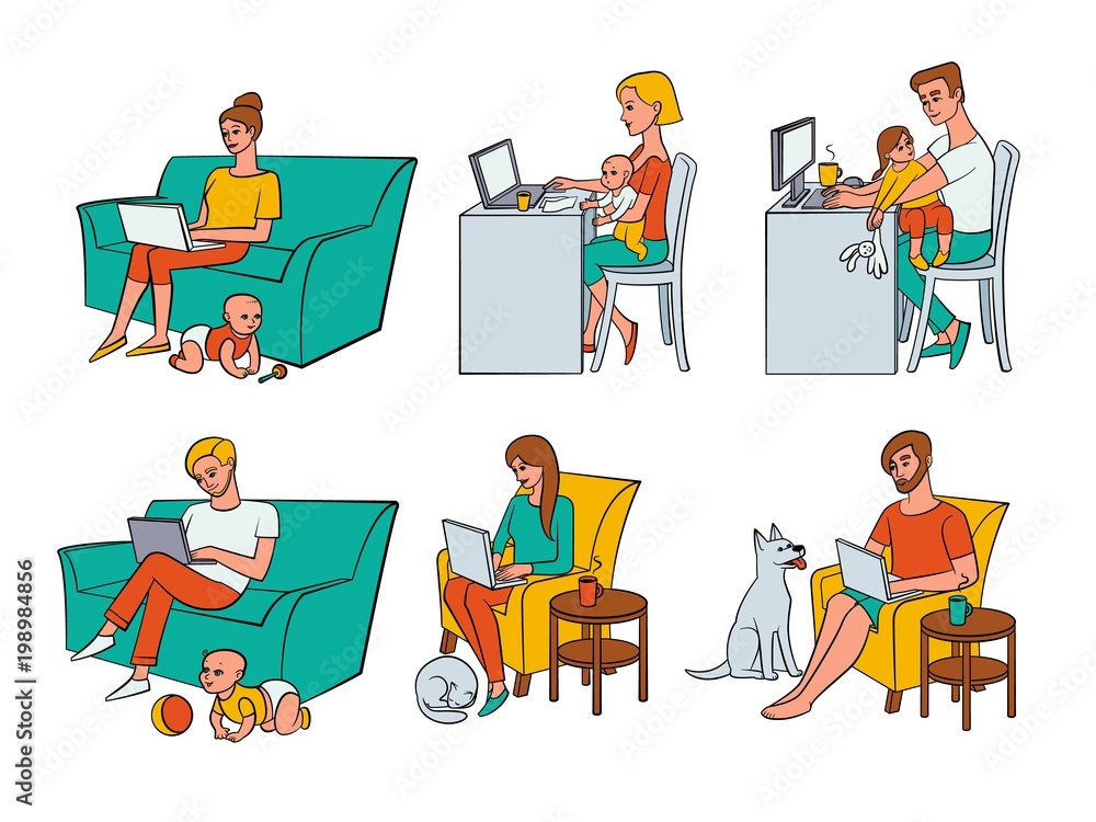 Vector cartoon people working from home, remote, freelance work set ...