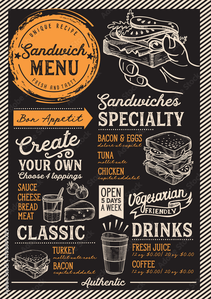 Sandwich restaurant menu. Vector food flyer for bar and cafe. Design ...
