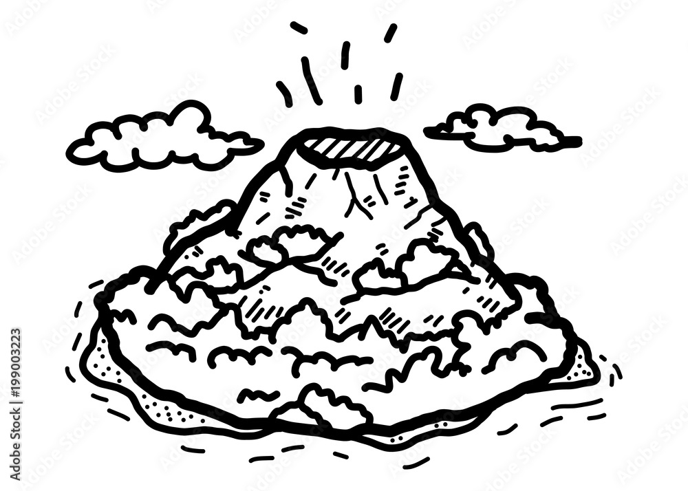 volcano on island / cartoon vector and illustration, black and white ...