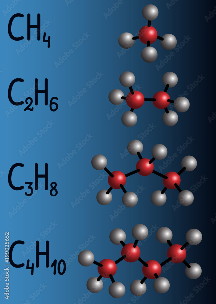 Vector de Stock Chemical formula and molecule model methane CH4, ethane C2H4, propane C3H8 ...