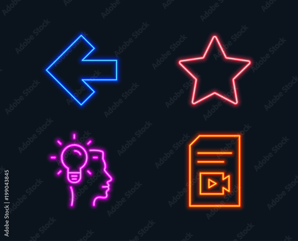 Neon lights. Set of Star, Left arrow and Idea icons. Video file sign ...