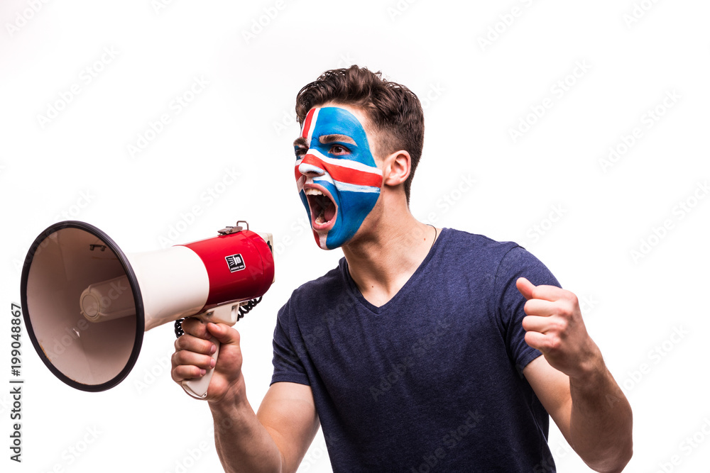 Fan support of Iceland national team with painted face shout with ...