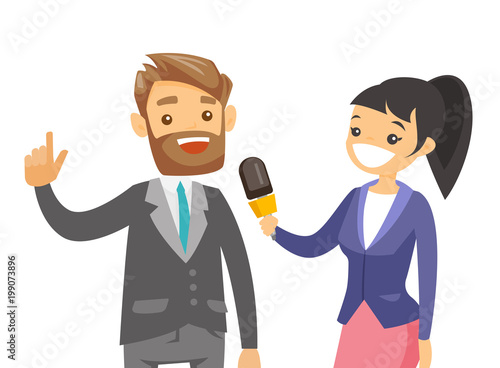 Young caucasian white female reporter with a microphone interviewing a man. Journalist making an ...