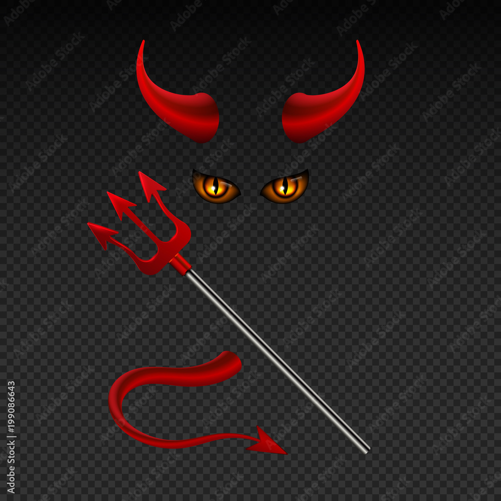 Devil horns, harpoon, satanic yellow eyes and tail isolated vector ...