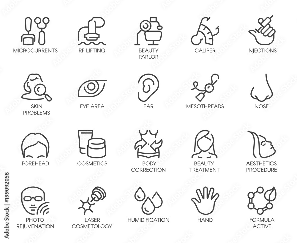 Cosmetology line icons set. 20 outline pictograms isolated. Beauty ...