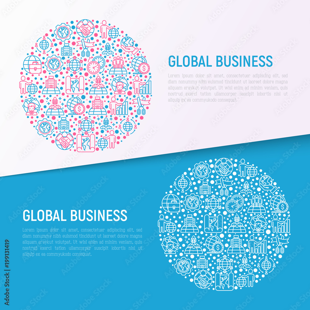 Global business concept in circle with thin line icons: investment ...