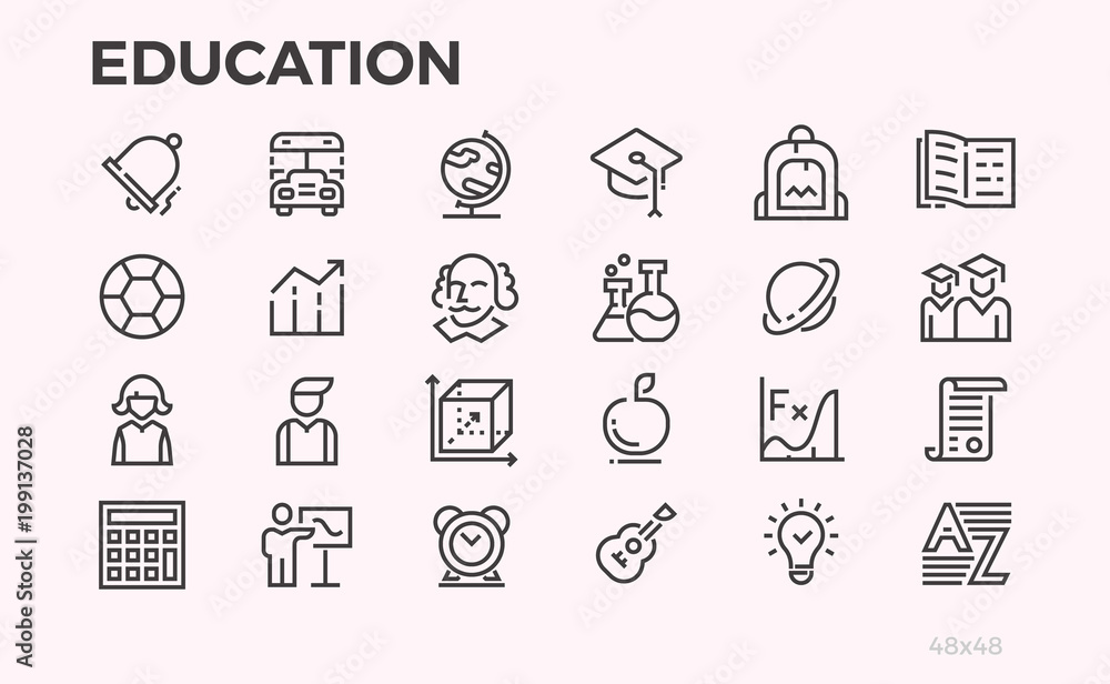 Education icons. School curriculum and equipment, teachers and students ...