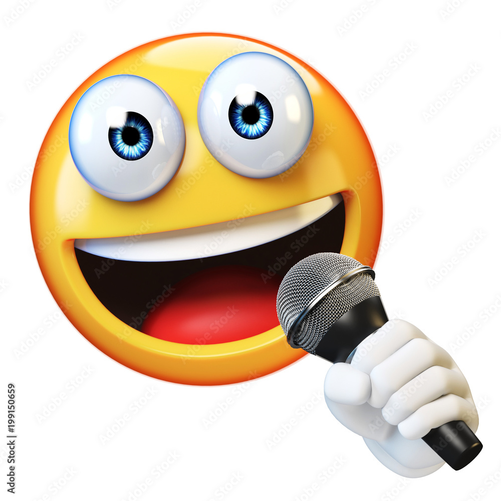 Emoji holding microphone isolated on white background, emoticon singer ...