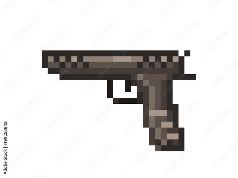 Black pistol, pixel art symbol isolated on white background. Firearm ...