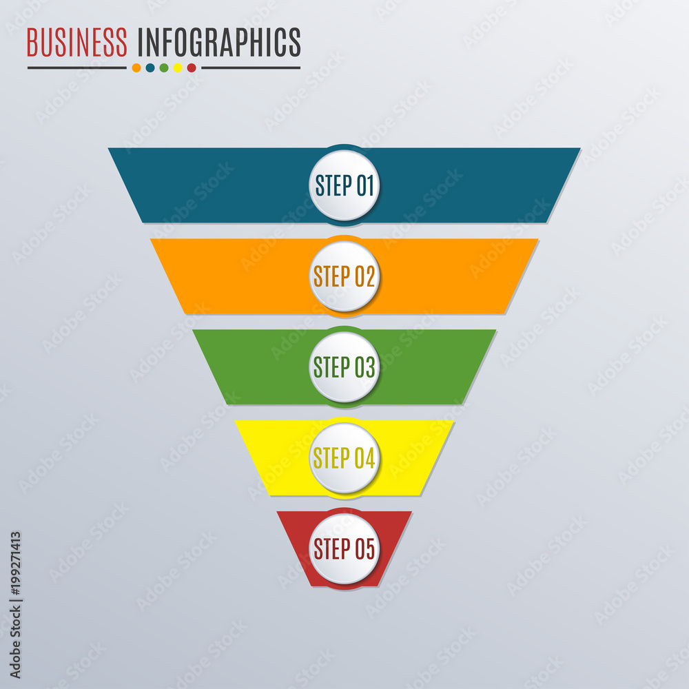 Funnel or cone infographics. Business pyramid with 5 steps, options or ...