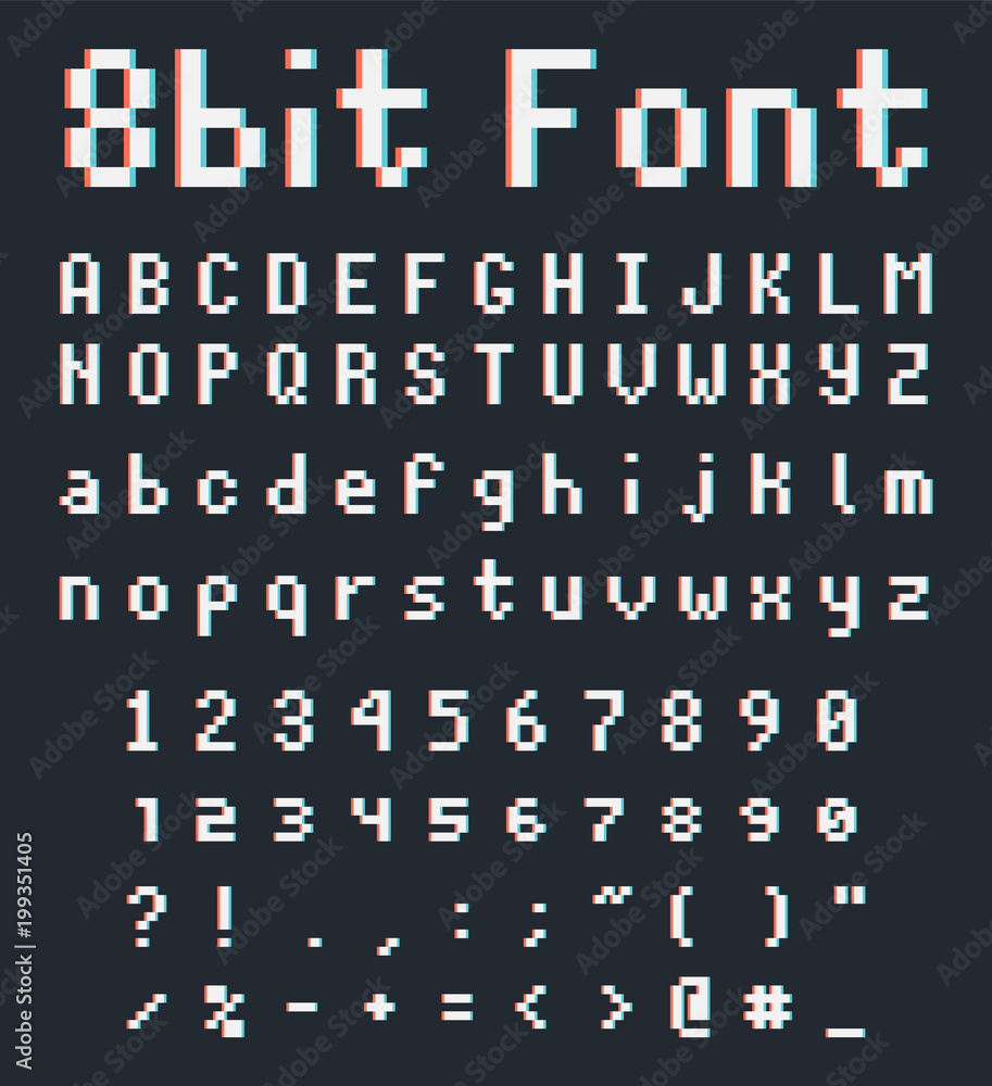 pixel retro font, videogame type, 8-bit alphabet letters and numbers 素材 ...