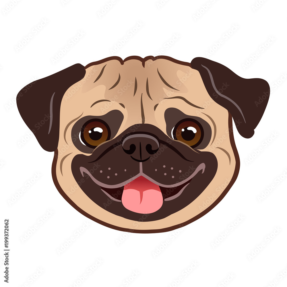 Pug dog cartoon illustration. Cute friendly fat chubby fawn pug puppy ...