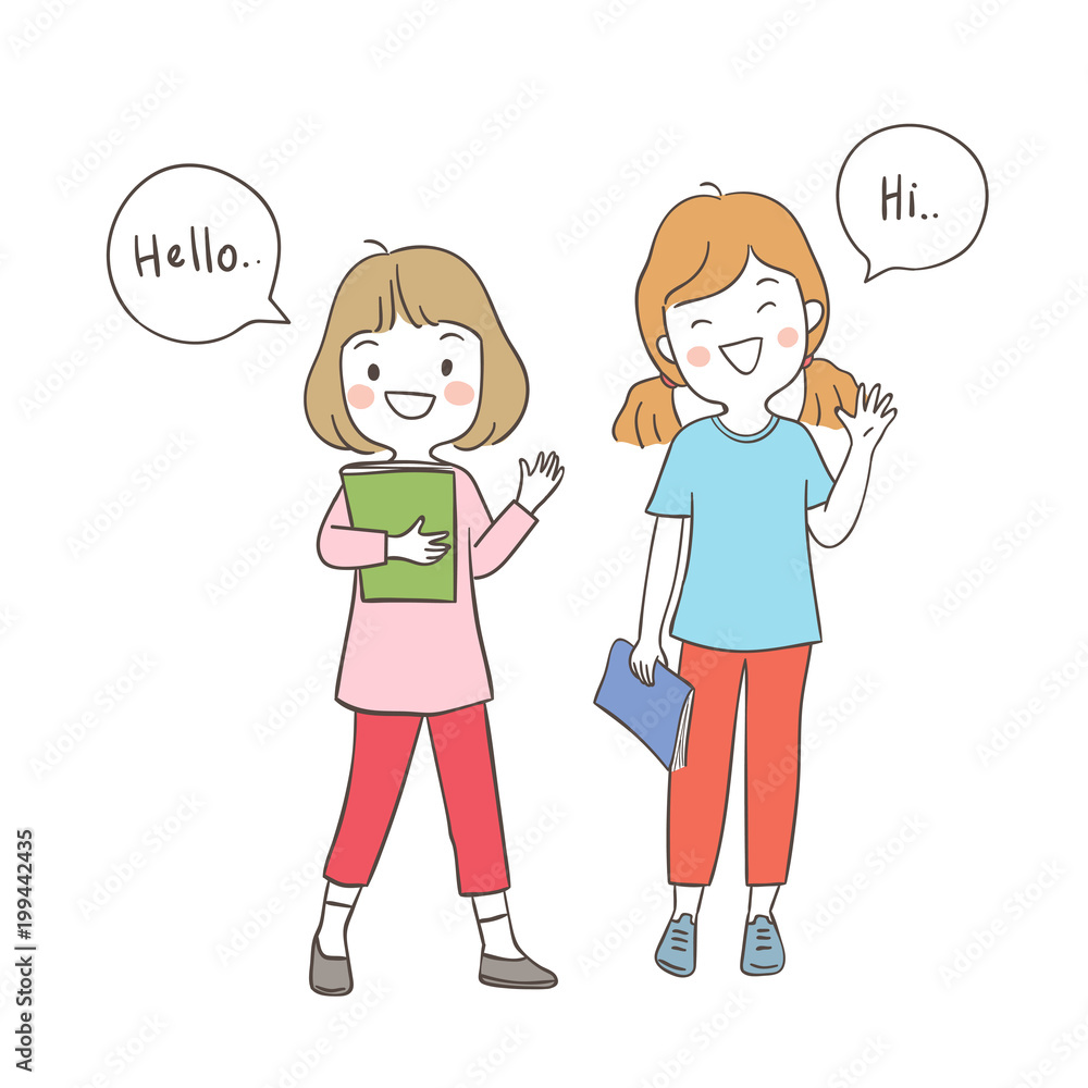 Draw vector illustration character happy girls holding book and ...